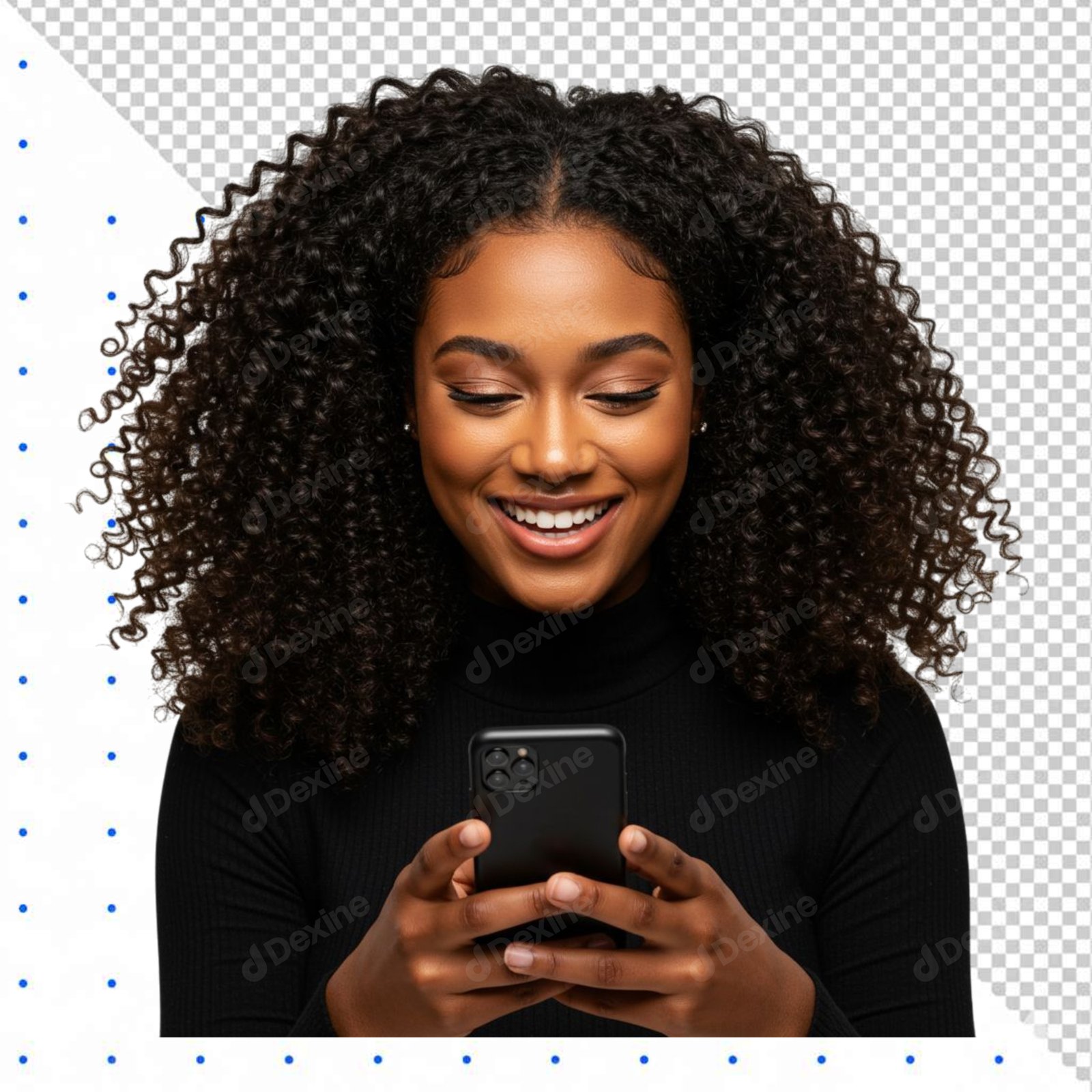Happy African American Woman Smiling, Using Smartphone Cutout ...